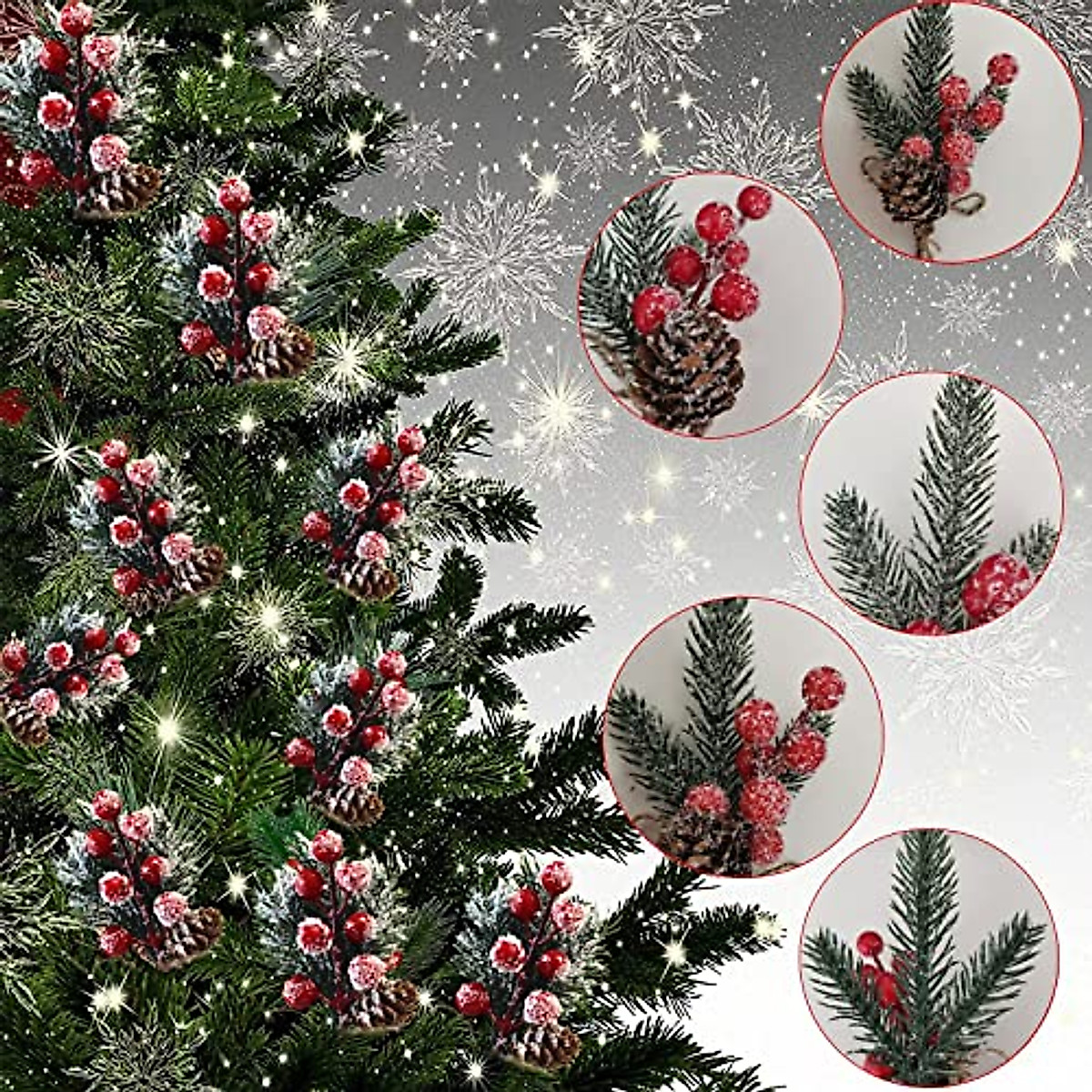 KEEPAA 10Pcs Christmas Artificial Berries Pine Cones Stems Decor, Faux Red Berry Stem Simulation Pinecones Branches for Xmas Tree Decorations, Floral Arrangement DIY Wreath Winter Holiday Décor