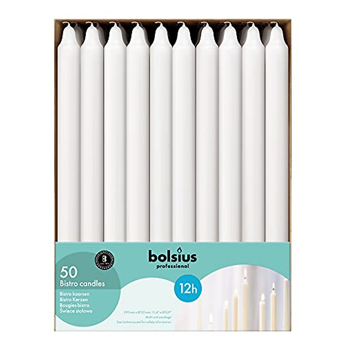 BOLSIUS White Candlesticks Bulk Pack 50 Count - Unscented Dripless 11.5 Inch Household & Dinner Candle Set - 12+ Burn Hours - Premium European Quality - Consistent Smokeless Flame - 100% Cotton Wick