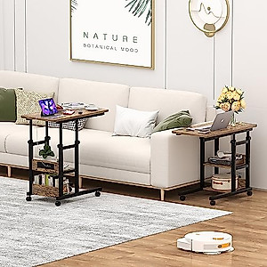 Height Adjustable C Shaped End Table with Charging Station, Mobile Laptop Side Table with USB Port and Wheels, Sofa Couch Table with 2-Tier Storage Shelve for Living Room Bedroom, Rustic Brown