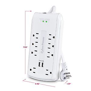CyberPower CSP806U Professional Surge Protector, 3000J/125V, 15A, 8 Outlets, 2 USB Charging Ports, 6 Foot Cord, White