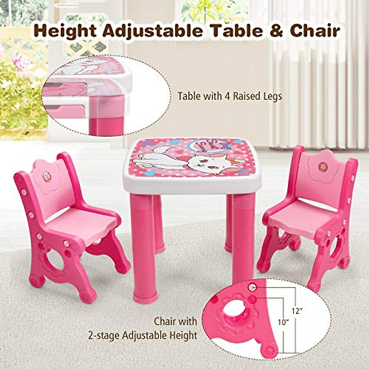 Costzon Kids Table and Chair Set, 3-Piece Toddler Activity Table and Chairs with Storage Drawer, Height Adjustable Chair, Children Desk Furniture Set for Drawing Reading Snack Time Art Craft (Pink)
