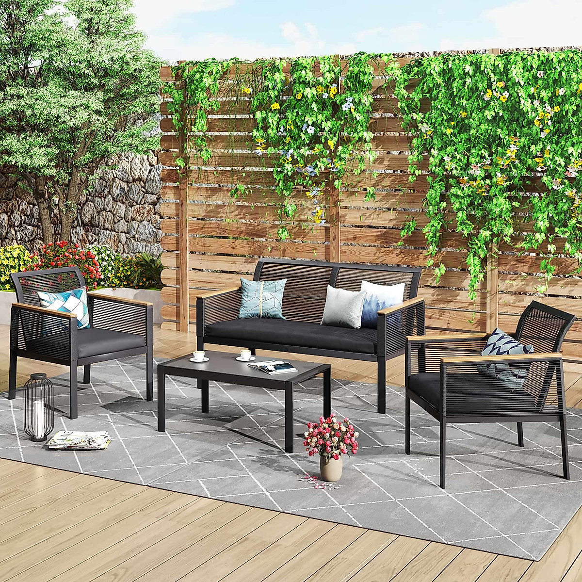 Suntone Patio Furniture Sofa Set - Wicker Patio Conversation Set (4 Piece)