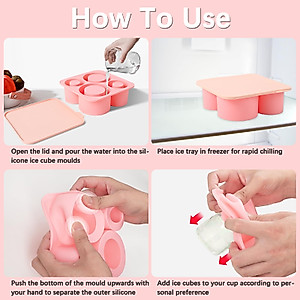 Ice Cube Tray for Stanley Cup Ice Mold 20oz 30oz 40oz Tumbler 4-Cavity Silicone Cup Ice Cube Mold Trays with Lid and Bin for Chilling Whiskey, Drinks, Coffee Easy Fill and Release Ice Maker (pink)