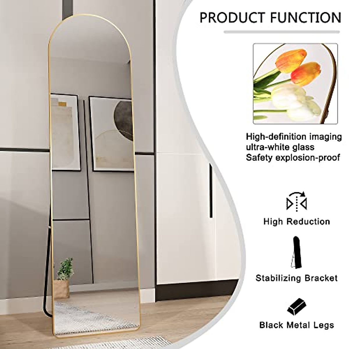 BOSTANA 59.9"x16.5"Arched Full Length Mirror,Aluminum Alloy Metal Frame Arched Wall Mirror,Wall Mirror Hanging or Leaning Standing Body Mirror with Stand for Bathroom,Cloakroom,Golden