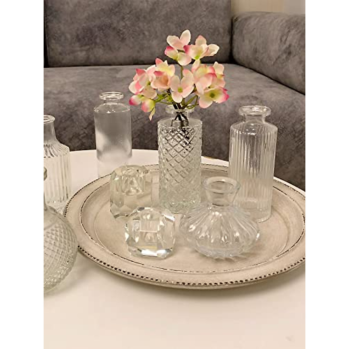 RM ROOMERS White Round Wooden Tray, Decorative Round Tray with Tiny Bead Stringing, Coffee Table Tray Circle, White Round Serving Tray for Living Room, Farmhouse