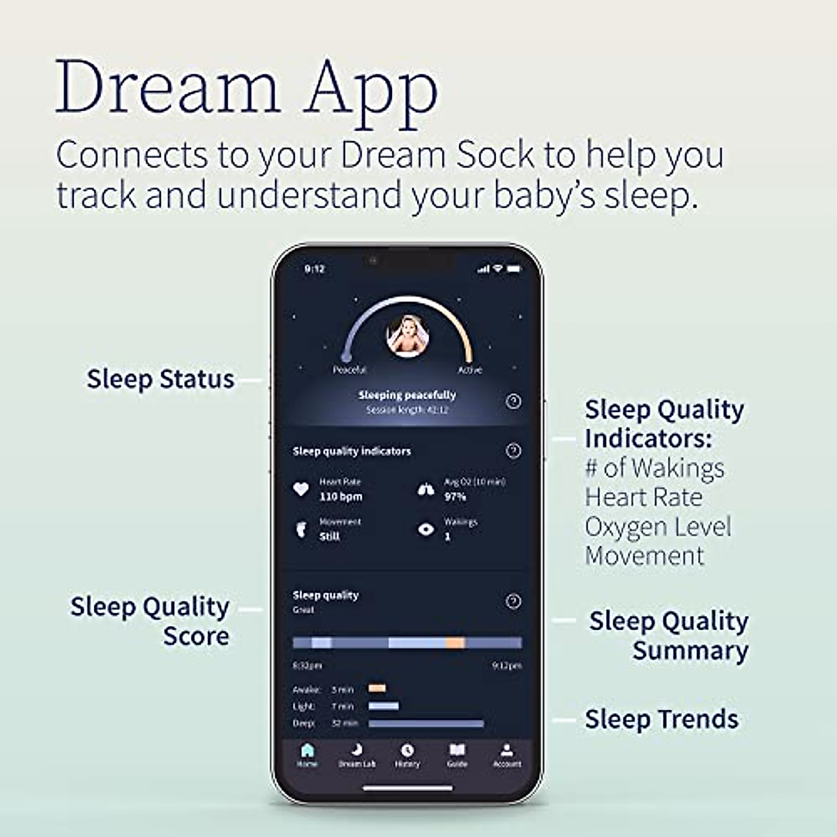 Owlet Dream Sock - Smart Baby Monitor - Foot Sensor to Track Heartbeat and Oxygen O2 Levels in Infants and Babies - Notifications for Night Wakings, Movement and Sleep State - Mint