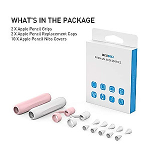 Delidigi 2 Pack iPencil Grip Ergonomic Sleeve with Anti-Lost Replacement Cap Plus Tips Cover Accessories Set Compatible with Apple Pencil 1st Generation (White, Pink)