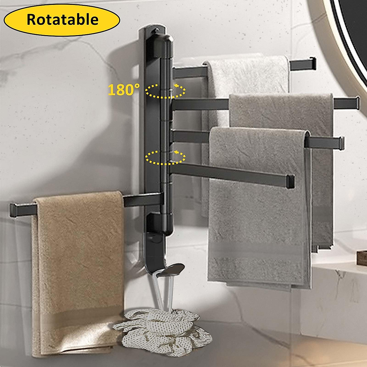 Little World Swivel Towel Rack, 5-Arm Towel Holder Wall Mounted Towel Racks for Bathroom, Aluminum Towel Bar Black Space Saving with Hook Bathroom Towel Holder