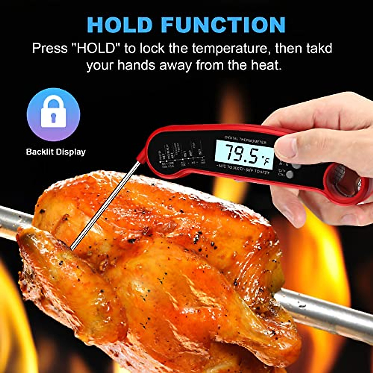 Digital Meat Thermometer with Probe, Instant Read Food Thermometer for Grilling BBQ, Kitchen Cooking, Baking, Liquids, Candy & Air Fryer - IP67 Waterproof, Backlight & Calibration - Red/Black