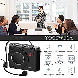 YOCEWECA Voice Amplifier with Wired Microphone Headset 20W Personal Sound Amplification Supports Mute/Bluetooth 5.0/ TWS/Recording, Portable Speaker and Mic for Teachers, Instructors,Tour Guides, etc