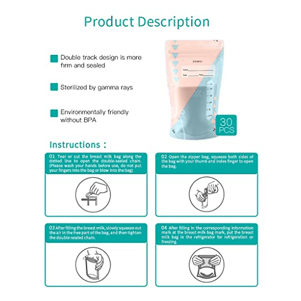 Breast Milk Storage Bags, 6.5-8 Ounces, Liquid Food Bags, Double-Layer self Sealing, Flat Storage, can Stand Upright After Filling.