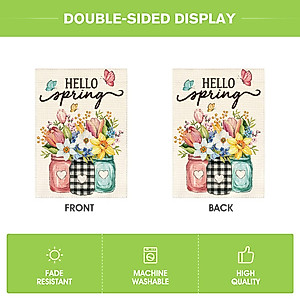 AVOIN colorlife Hello Spring Garden Flag 12x18 Inch Double Sided Outside, Floral Mason Jar Holiday Yard Outdoor Flag