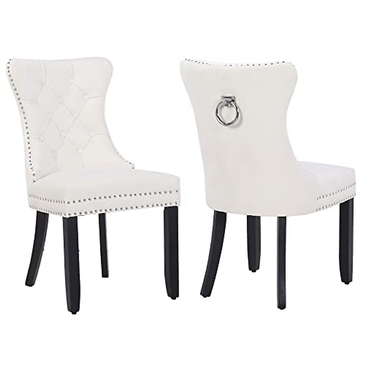 BTEXPERT High Back Velvet Tufted Upholstered Dining Chairs, Solid Wood-Nail Trim, Ring White Set of 4, Set of 4, White, Set of 4, White