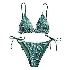 ZAFUL Women's Triangle Bikini Floral String Bikini Set Two Piece Swimsuit Bathing Suits (2-Greenish Blue, M)