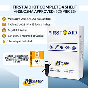 MFASCO Commercial First Aid Kit - Large 520 Piece, Metal First Aid Box for Businesses, Wall Mount First Aid Cabinet with 4 Shelf Refill, 2021 ANSI/OSHA Compliant, Ideal for Office Use - No Medications