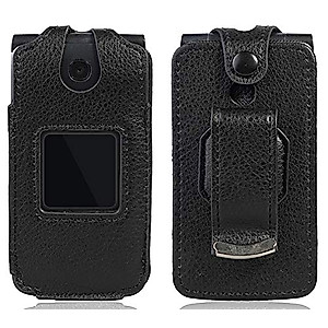Case for Go Flip Phone, Nakedcellphone [Black Vegan Leather] Form-Fit Cover with [Built-in Screen Protection] and [Metal Belt Clip] for Alcatel Go Flip V, MyFlip, QuickFlip, AT&T Cingular Flip 2