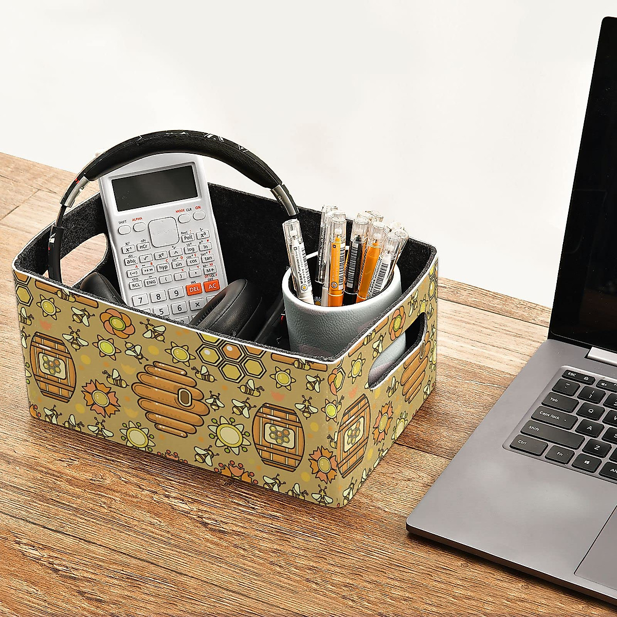 Beekeeping Bee Honey Storage Basket Bins Set (2pcs) Felt Collapsible Storage Bins with Fabric Rectangle Baskets for Organizing for Office Bedroom Closet Babies Nursery Toys DVD Laundry