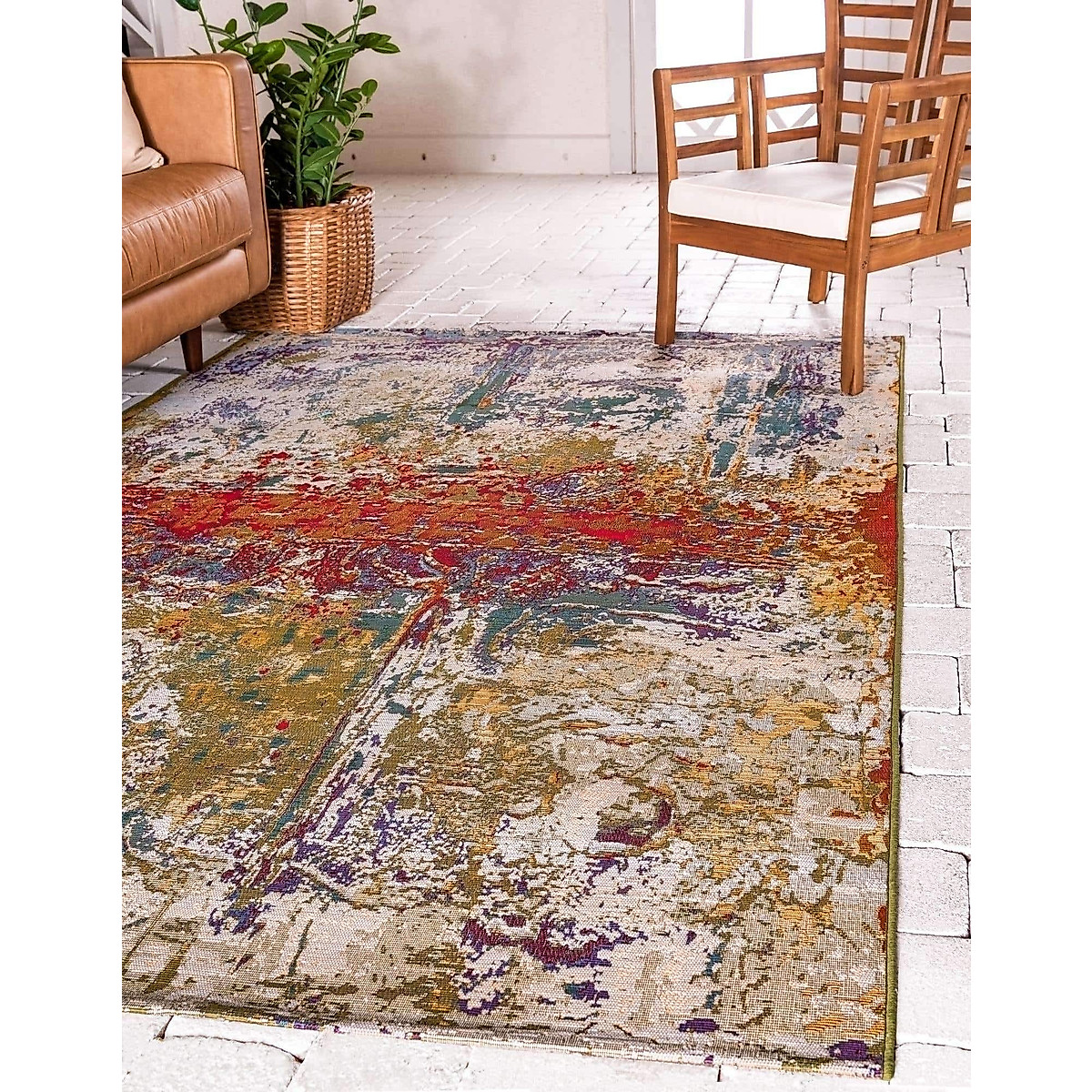 Unique Loom Outdoor Modern Collection Area Rug - Crumpled (7' 1" x 10' Rectangle, Multi/ Gold)