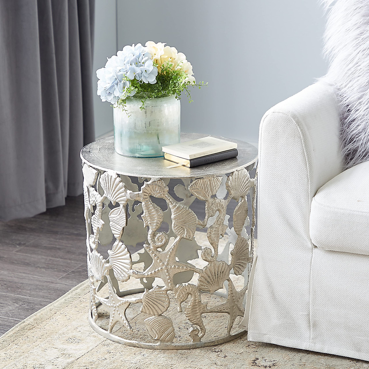Deco 79 Aluminum Metal Sea Life Side End Accent Table End Table, Side Table 18" x 18" x 18", Silver