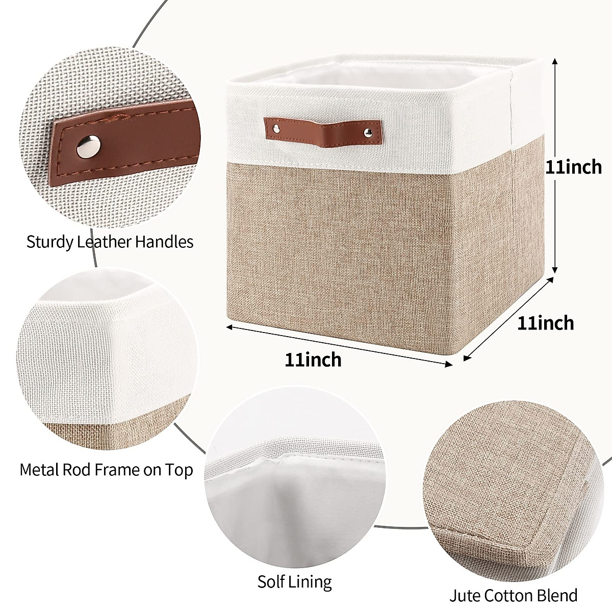 BUORCVZ Cube Storage Bins 11 Inch, Fabric Storage Cube Basket Bins with Leather Handles, Collapsible Basket Organizer Bins for Home, Office, Closet, Shelves, Clothes Toy, Nursery, Decorative, 4 Pack