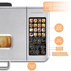 SEEDEEM 16-in-1 Bread Machine, 2.2LB Stainless Steel Bread Maker with Fruit and Nut Dispenser, Nonstick Ceramic Pan, 3 Crust Colors & 3 Loaf Sizes, Touch Panel, Recipes, Silver