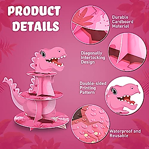 3 Tier Dinosaur Cupcake Stand Party Decorations Dinosaur Theme Cupcake Holder Decorations Dinosaur Dessert Tower for Kids Boys Jungle Dinosaur Theme Party Birthday Supplies (Pink)