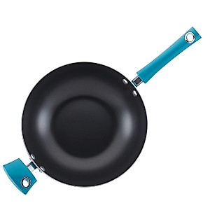 Rachael Ray Cityscapes Nonstick Stir Fry Pan/Wok with Lid and Helper Handle, 11 Inch, Turquoise