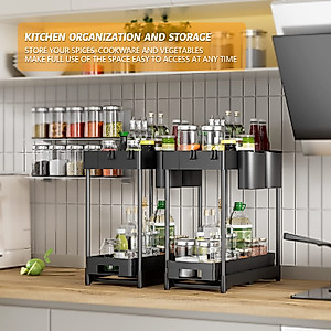 Yciuse Under Sink Organizers and Storage, 2-Tier Bathroom CabinetOrganiz With Sliding Drawers, Basket Organizer Kitchen OrganizationUnder Sink Storage Shelves with Hooks Hanging Cup Dividers 2 Pack