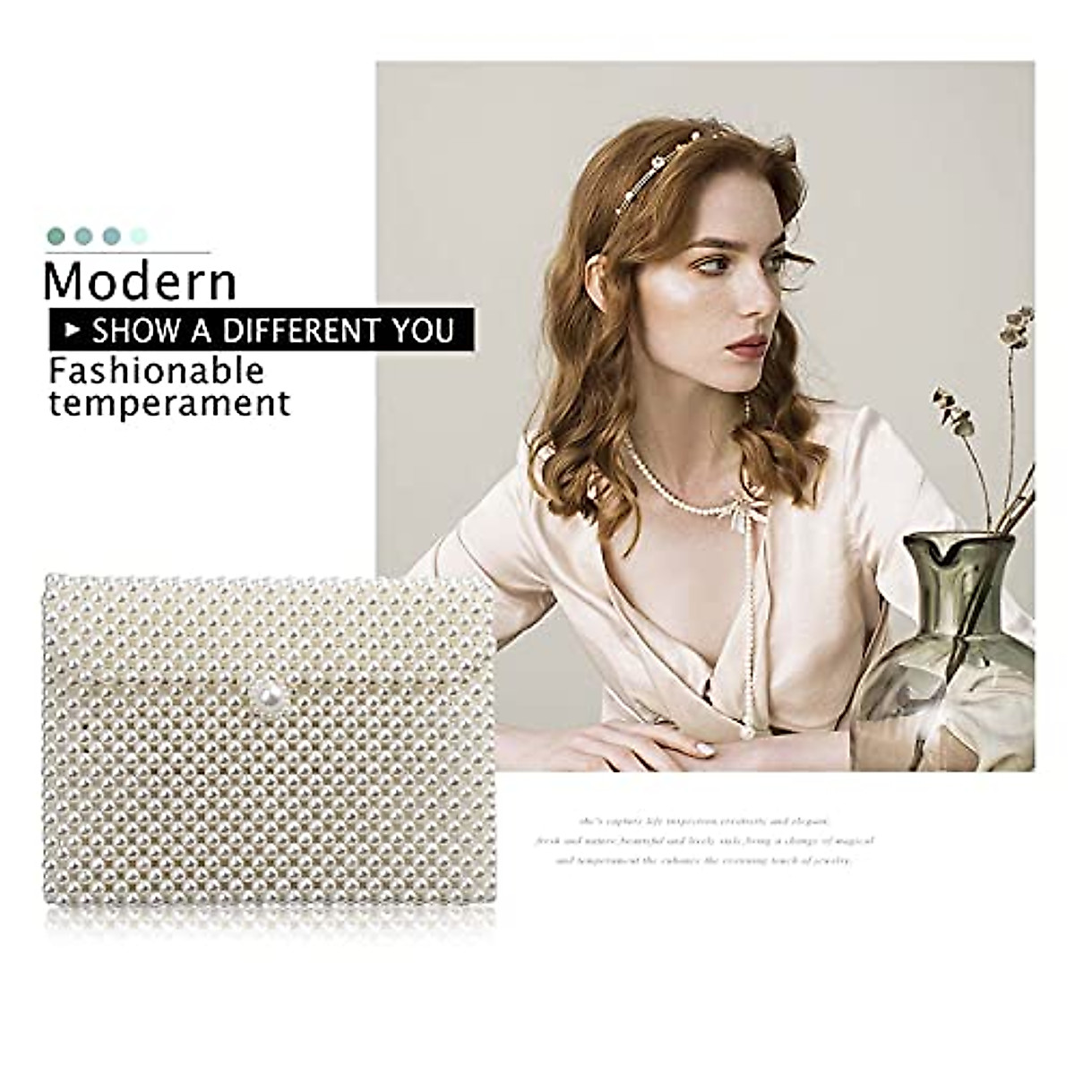 Pearl Bag for Women Girls, Hogoo Luxury White Pearl Bag Chain Bag Beaded Crossbody Bag Big Rectangle Handmade Bags Shoulder Bag Clutch Purse Bag for Wedding Bridal Shower Dinner Party Gifts
