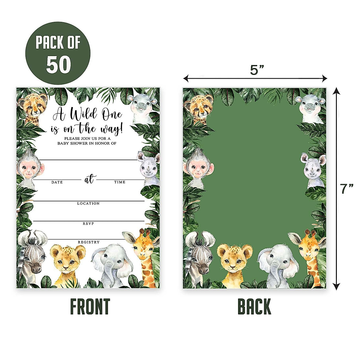 Yuzioey 50 Safari Baby Shower Invitations, Jungle Animals Invitations Macthing Envelpoes, Diaper Raffle Tickets, Book Request Cards, Safari Animals Invitations