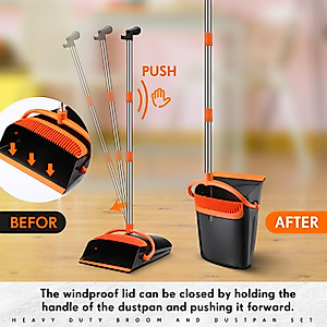 Tioncy Heavy Duty Broom and Dustpan Set 2 Plus 1 Set with Comb Commercial Windproof Stand up Broom Outdoor Indoor for Courtyard Garage Lobby Mall Market Floor Kitchen Home Office Pet Hair Rubbish