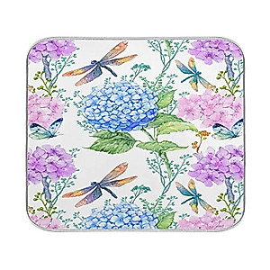 ZzWwR Beautiful Hydrangeas Dragonflies Floral 16 x 18 Inches Absorbent Dish Drying Mat Microfiber Kitchen Countertop Table Protector Multi-Purpose Counter Rack Sink Drainer Pad