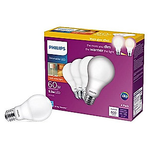 Philips LED Dimmable A19 Light Bulb with Warm Glow Effect 800-Lumen, 2200-2700 Kelvin, 9.5-Watt (60-Watt Equivalent), E26 Base, Frosted, Soft White, 4-Pack