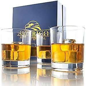 Amerigo Crystal Whiskey Glass Set of 4 in Luxury Gift Box - Heavy Base Old Fashioned Whiskey Glasses 12oz for Scotch - Whisky Gift for Men - Bourbon Glass Tumblers - Fathers Day Gift - Home Bar Set