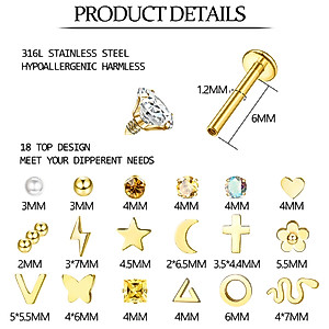 FIBO STEEL 18 Pcs 16G Forward Labret Helix Earrings Lip Nose Studs for Women Stainless Steel Tragus Medusa Conch Piercing Lip Jewelry Monroe Piercings Jewelry 6mm Gold-Tone