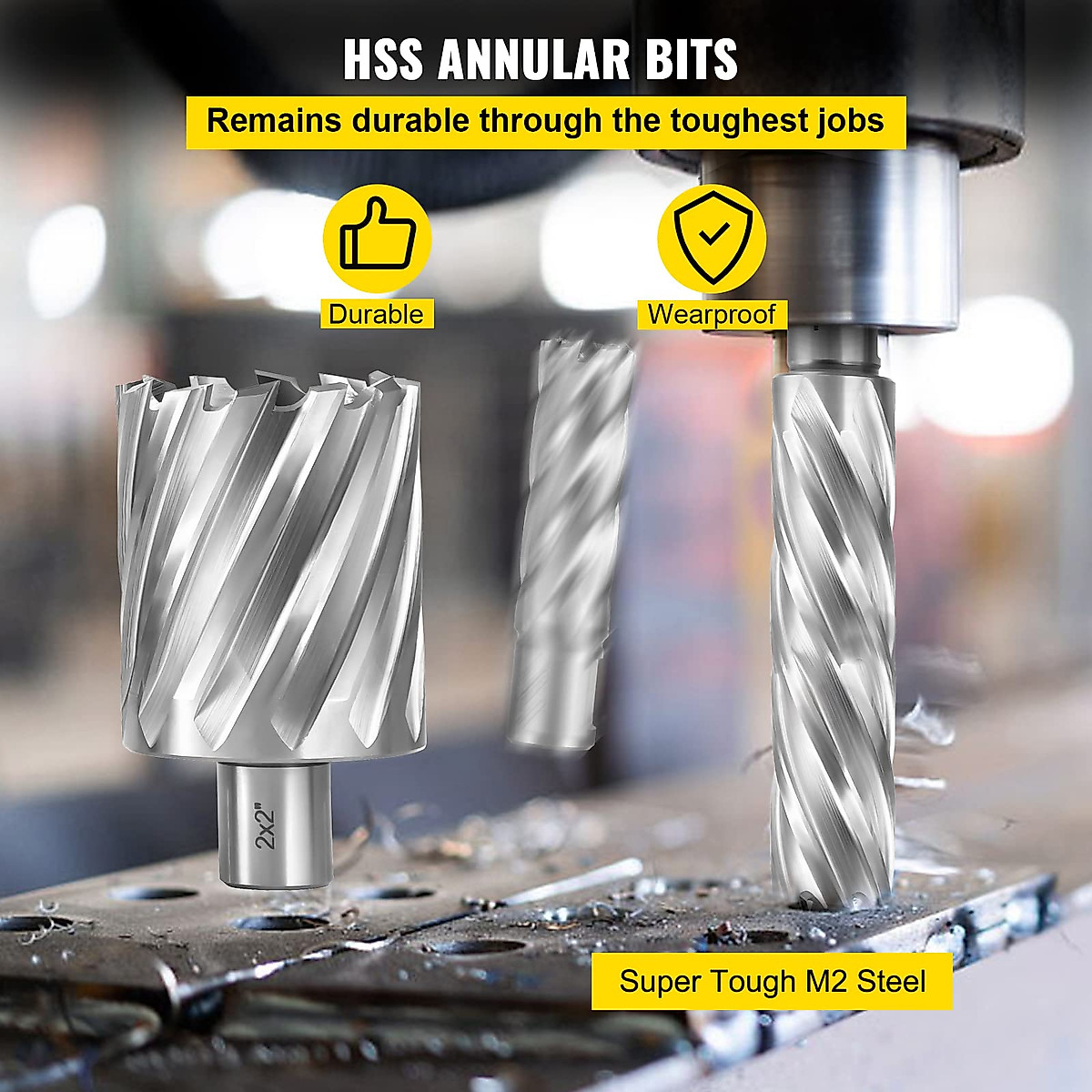 VEVOR Annular Cutter Set, 6 pcs 3/4" Weldon Shank, 2" Cutting Depth and Cutting Diameter from 1" to 2", 2 Pilot Pins & Strong Case for Using with Magnetic Drills, Silver