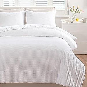 LAVACHEY King Size Comforter Set, White Seersucker Comforter Sets King Size Bed, Soft & Lightweight Bedding Comforters Sets 3 Pieces (104x90In Comforter & 2 Pillowcases)