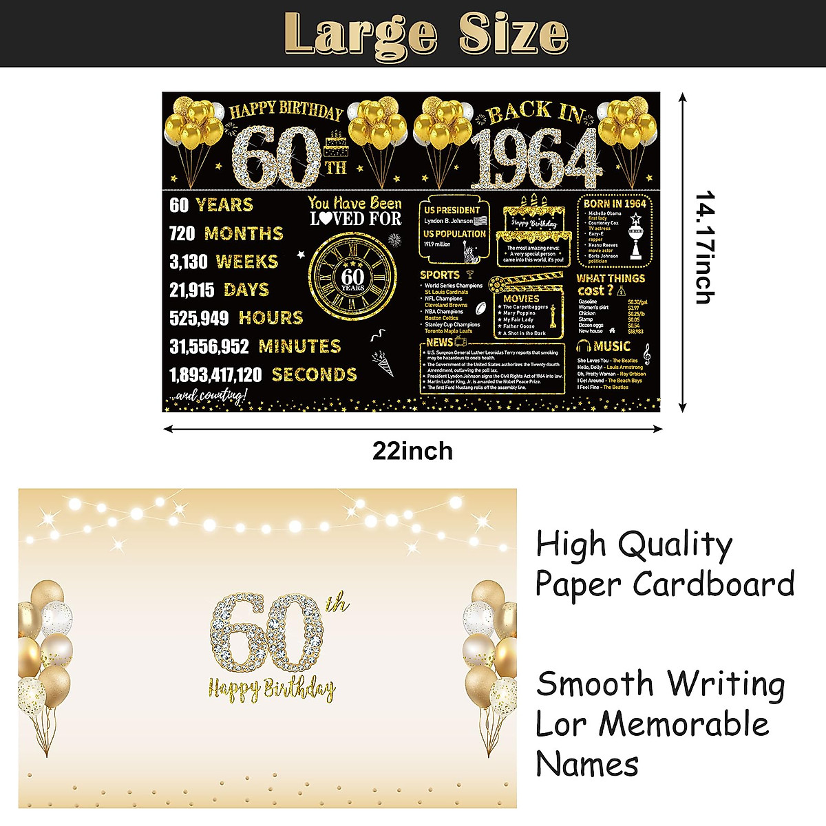 Kuxriox Large 60th Birthday Card With Envelope, Black Gold Happy 60th Birthday Giant Guest Book Gifts for Men Women, Giant Sixty Bday Card Gifts Party Supplies, Back in 1964 Jumbo 60 Bday Card