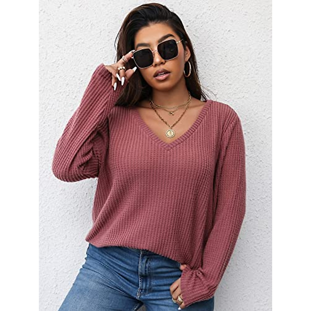 SOLY HUX Women's Plus V Neck Long Sleeve T Shirt Curved Hem Knit Sweater Pullover Tops Solid Pink 3XL