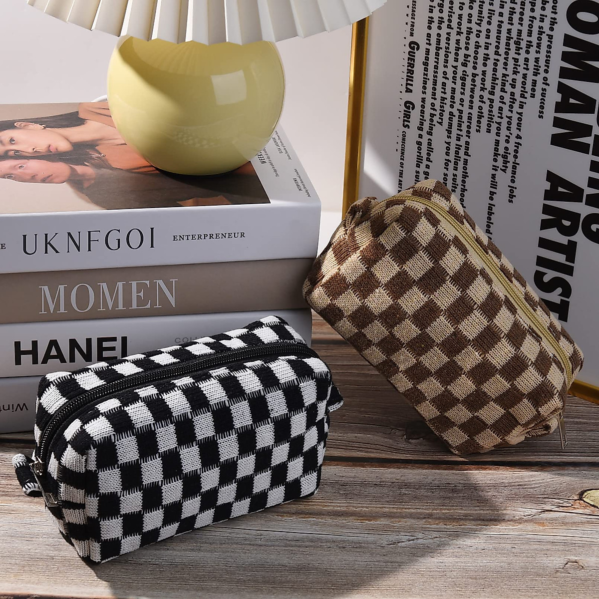 SOIDRAM 2 Pieces Checkered Cosmetic Travel Bags - Cute Makeup Pouch Organizers With Brush Storage for Women