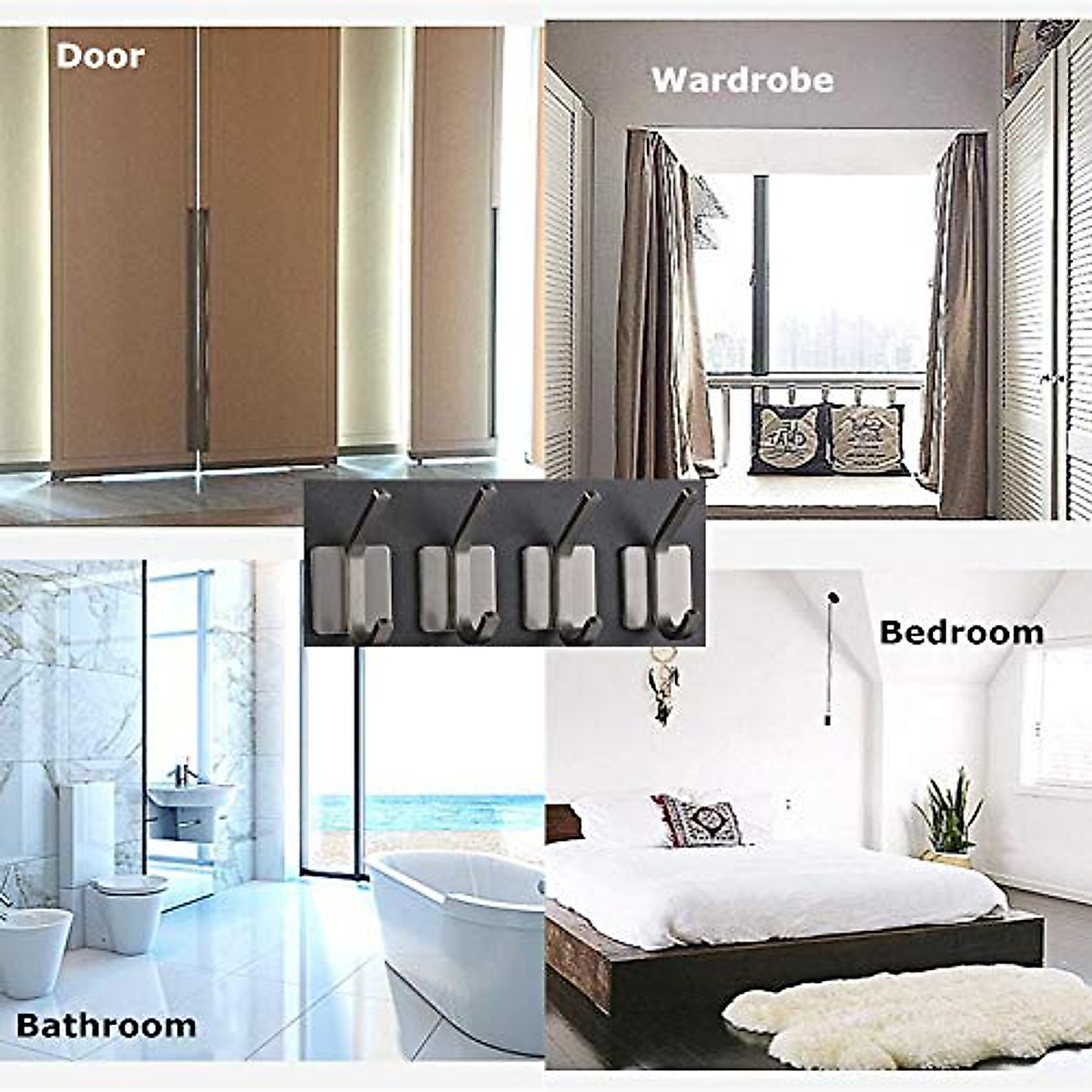 ZSYSUP 4 Pack Stainless Steel Adhesive Wall Hooks for Hanging, Seft-Adhesive Robe/Coat/Hat/Towel/Key Hooks for Bathroom Kitchen Curtain Door