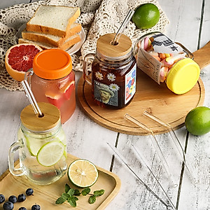 Mason Jars with Handle, Glass Mugs with Glass Straws and Bamboo Lids & Colorful Airtight Lids 4pcs Set - 16oz Old Fashioned Drinking Glass Cups, Reusable Travel Tumbler for Iced Coffee, Smoothie, Tea