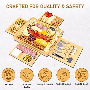 IJRA Premium Bamboo Charcuterie Board Set: 100 Percent Natural Serving Platter with Stainless Steel Cutlery, Ideal for Entertaining, Parties, and Gifts