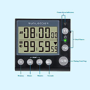 Runleader Kitchen Timer, Bakery Timer, Digital Display Cooking Timer Count Down/Count Up Timer with Magnetic Back,Independent Button,Aloud Alarm,for Cooking Learning Sport Office(Not Included battery)