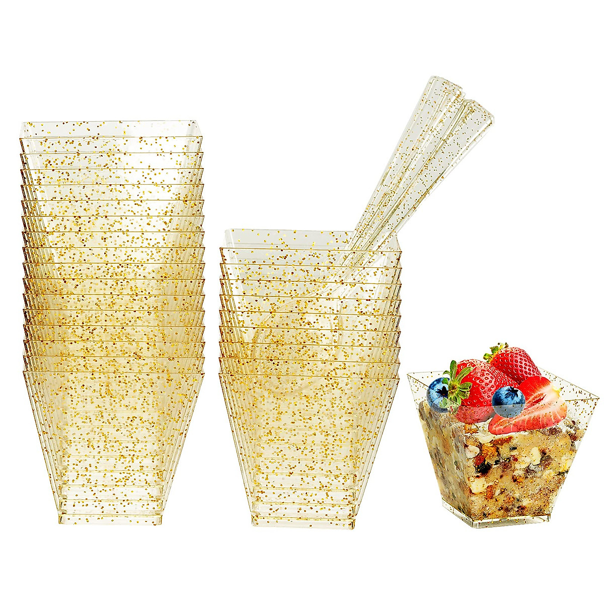 Tongcloud 25 Set Mini Plastic Dessert Cups with Spoons Gold Glitter Square Small Dessert Cups Disposable Gold Glitter Plastic Bowls with Mini Spoons Great for Party Desserts Appetizers