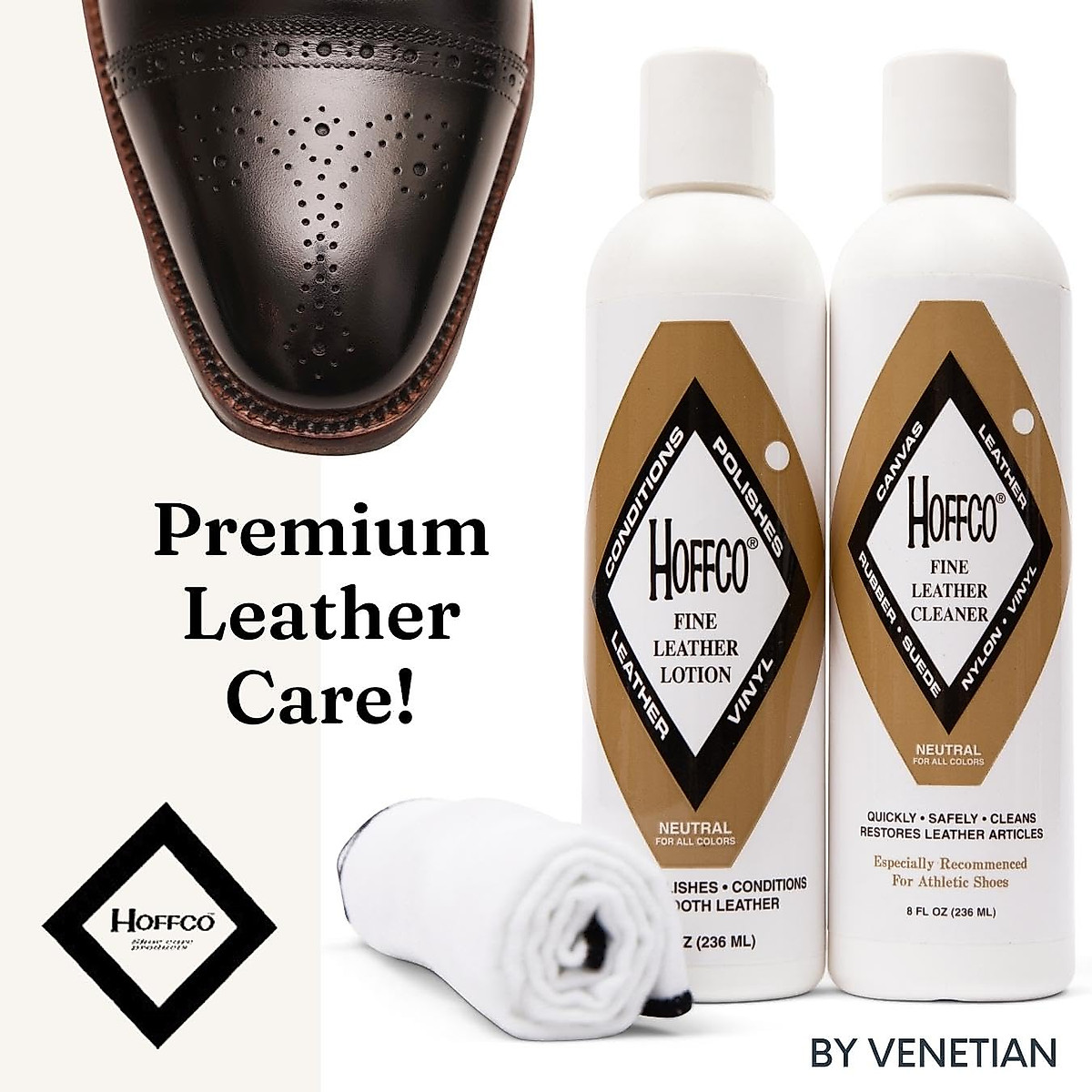 Venetian Leather Care Kit - Cleaner, Conditioner, Cloth - 8oz Bottles - Safe for Furniture, Car Seats, Shoes, Bags - Non-Toxic, Made in USA