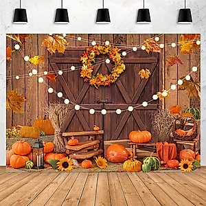 Aperturee 7x5ft Fall Thanksgiving Backdrop Rustic Barn Wood Door Harvest Autumn Pumpkins Maple Rural Door Wreath Decor Photography Background Kids Baby Portrait Party Decor Photoshoot Studio Props