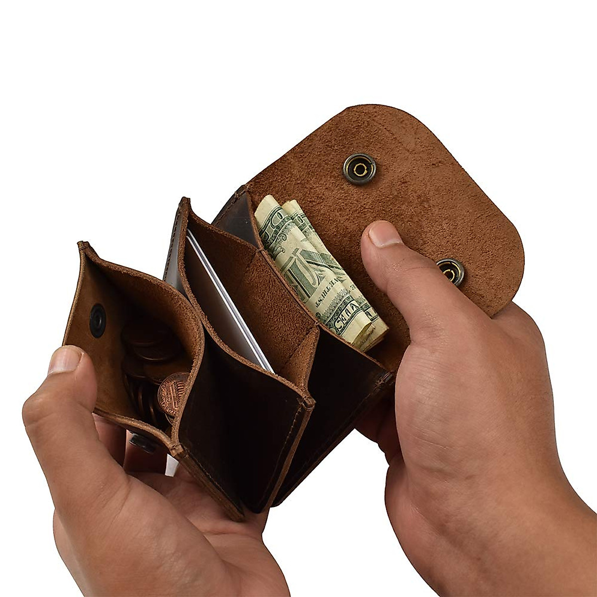 Hide & Drink, Wide Wallet with Slots for Cards, Coins, and Folded Bills, Cash Organizer, Coin Case, Travel Accessories, Full Grain Leather, Handmade, Bourbon Brown