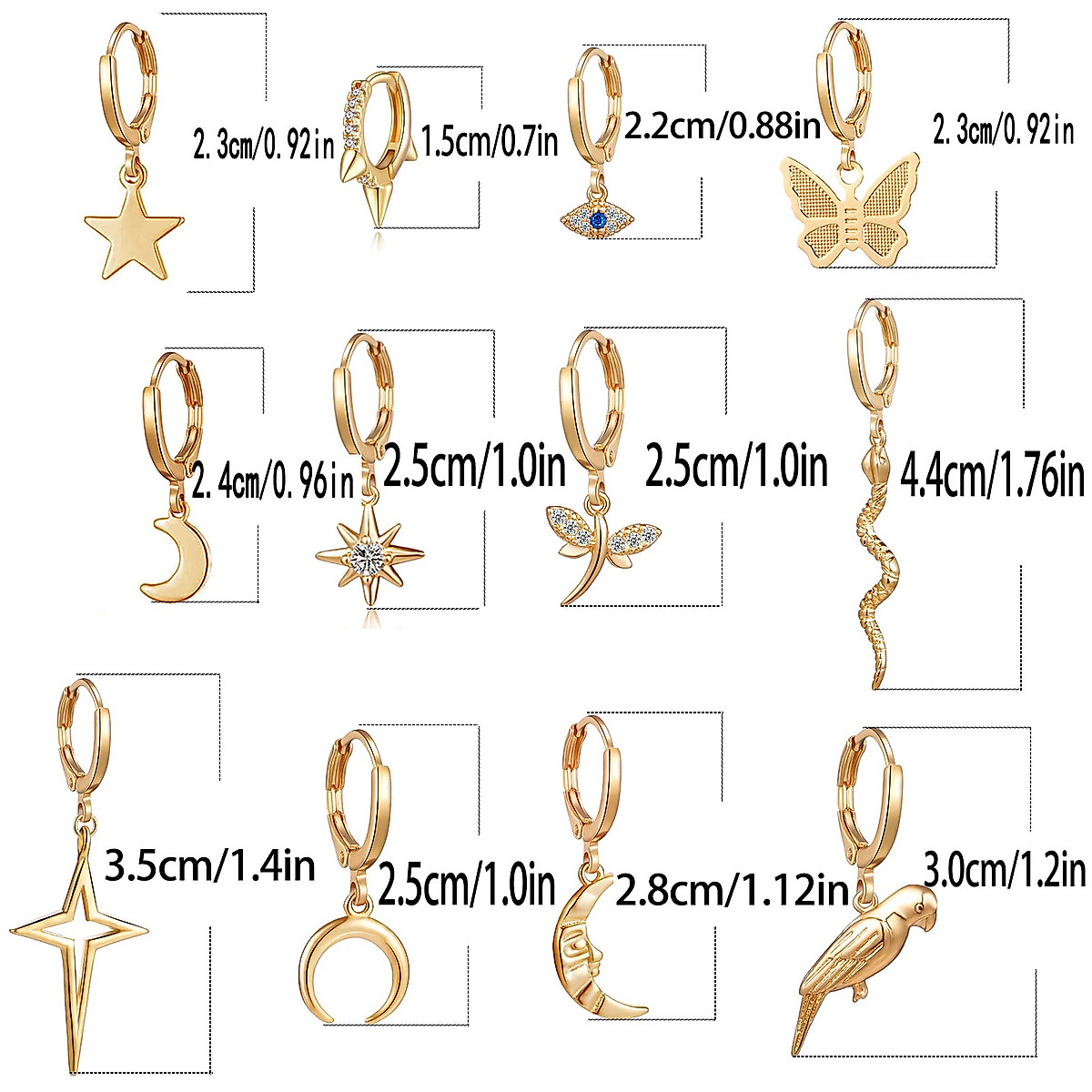 12 Pairs Gold Butterfly Dangle Earrings for Women - Mini Hoop Earrings for Women Butterfly Earrings Cartikage Earrings Snake Earrings Moon Star Earrings Sun Earrings Set for Women Cute Earrings Pack