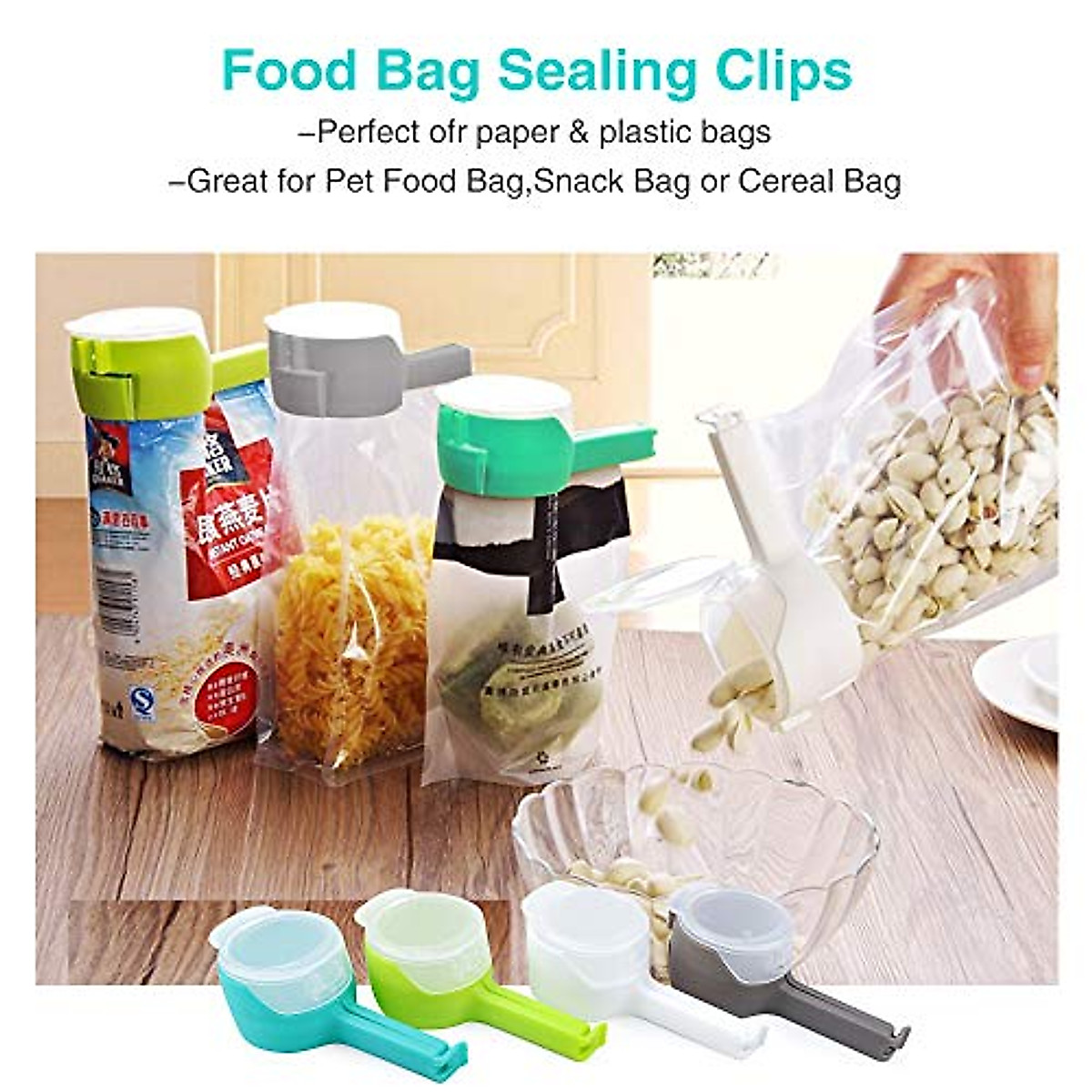4pcs Food bag clipswith Pour Spouts, Great Clips Bags for Kitchen, Suitable for Small Particle Food, Liquid,Flour and Baby Food Storage Organizer
